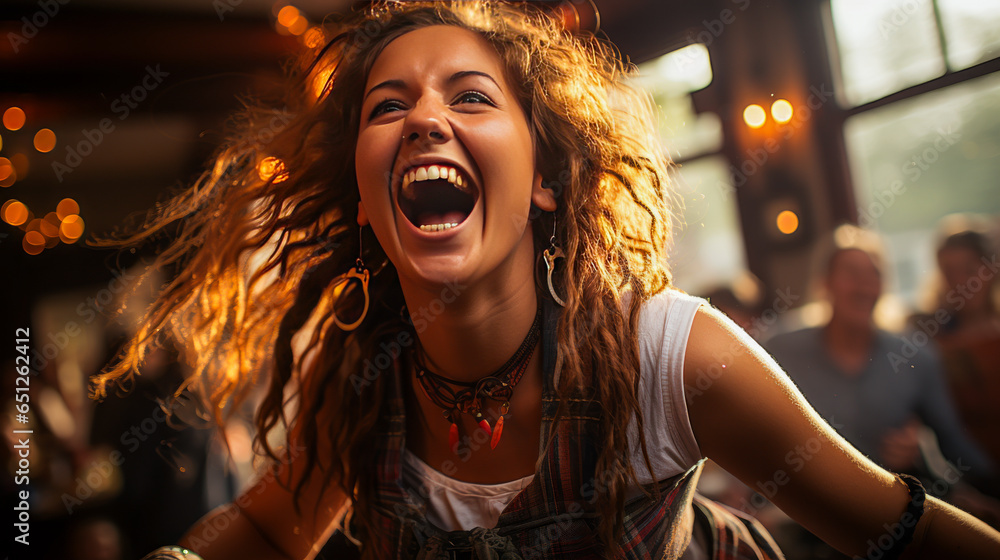 Ecstatic Highland dancer delighting in traditional tartan kilt, her ...