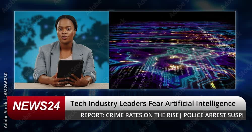 News, reporter woman and artificial intelligence in tv studio for ...