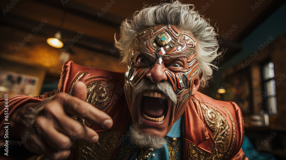 Striking image of an enraged luchador expressing intense fury and ...