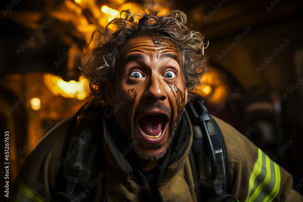 Stunning firefighter in a state of shock, with wide-open mouth ...