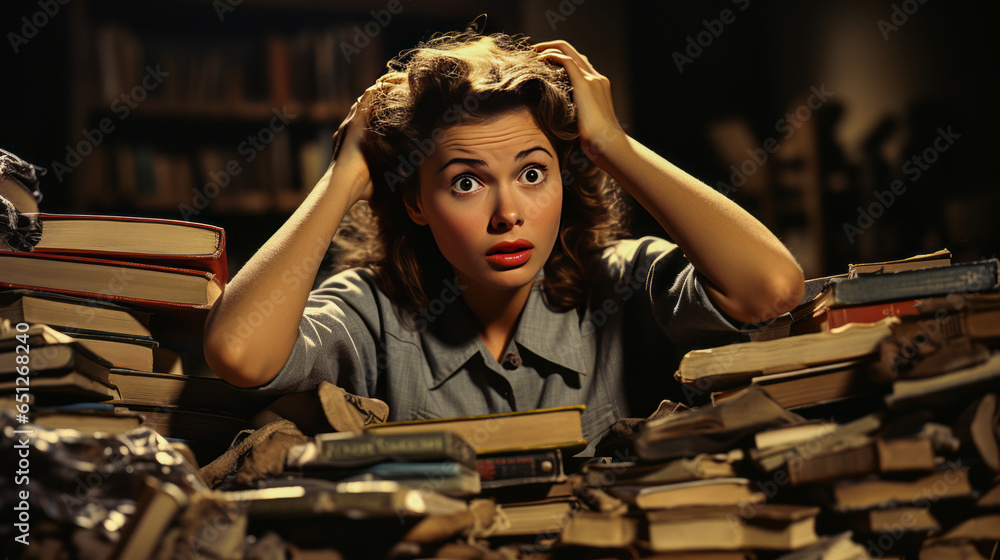 Engaging image of bewildered librarian amidst a jungle of books ...