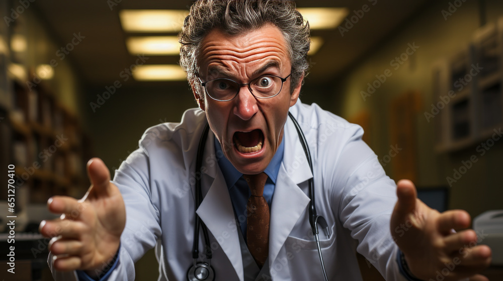Intense portrayal of a vexed doctor, fists clenched in frustration ...