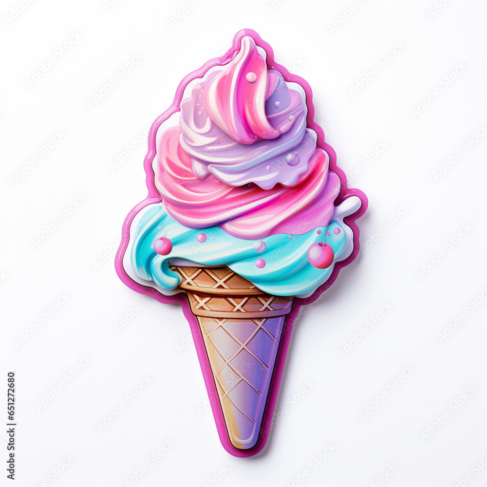 Ice cream Illustration, 3D embossed cute ice cream cone sticker, One ...