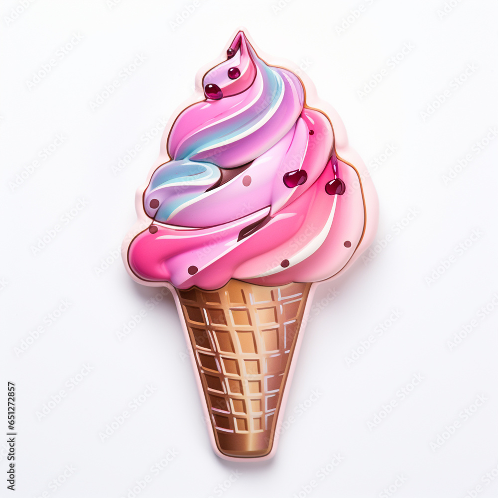 3D Ice cream Illustration, 3D embossed cute ice cream cone sticker, One ...