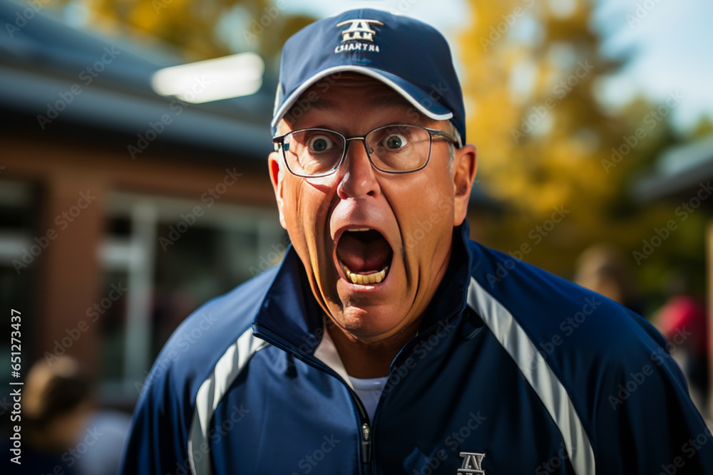 Vivid depiction of a shocked coach with mouth agape, embodying raw ...