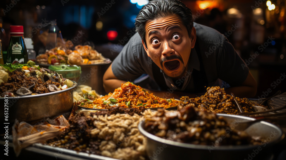 Impelling portrayal of an anxious taco vendor biting his nails ...