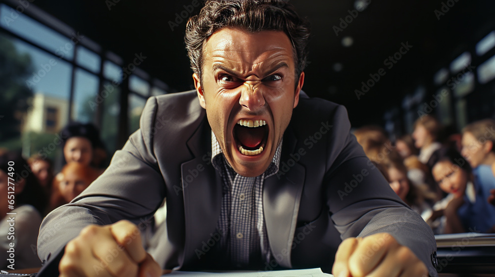 Vivid image showing a furious banker, his reddened face signaling ...