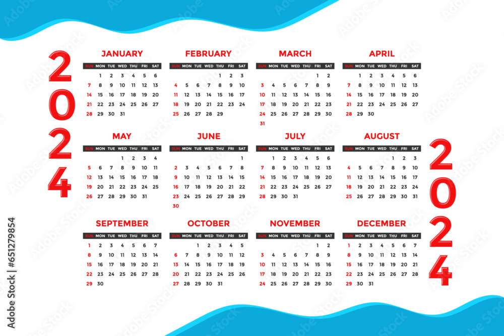 2024 calendar simple minimal design, week starts on sunday Stock Vector ...