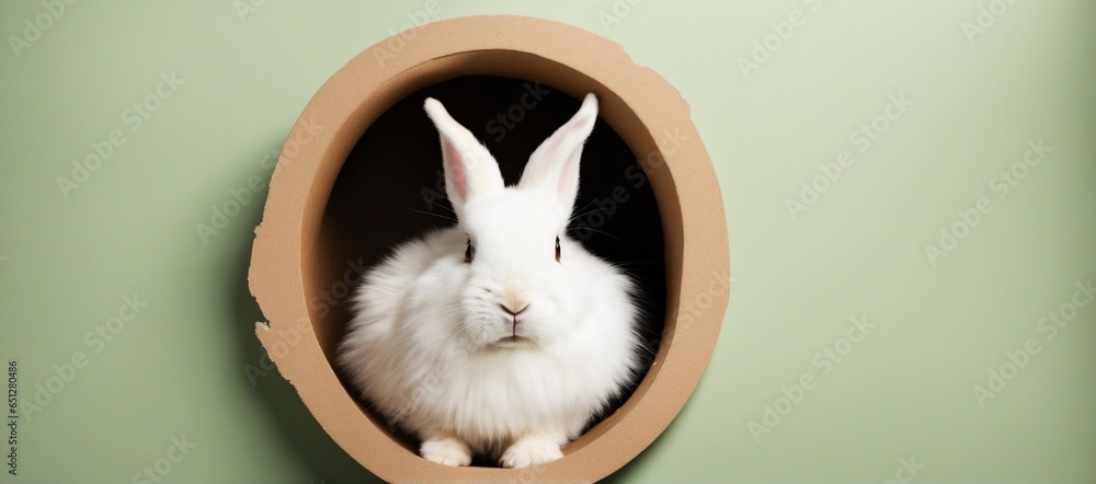 Rabbit Emerging from a Torn Gap in a Blue Wall, Fluffy-Eared Easter ...