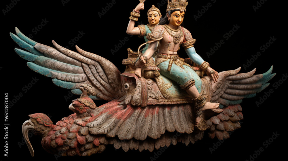 An awe-inspiring tableau of a Hindu god, Vishnu, riding on the back of ...