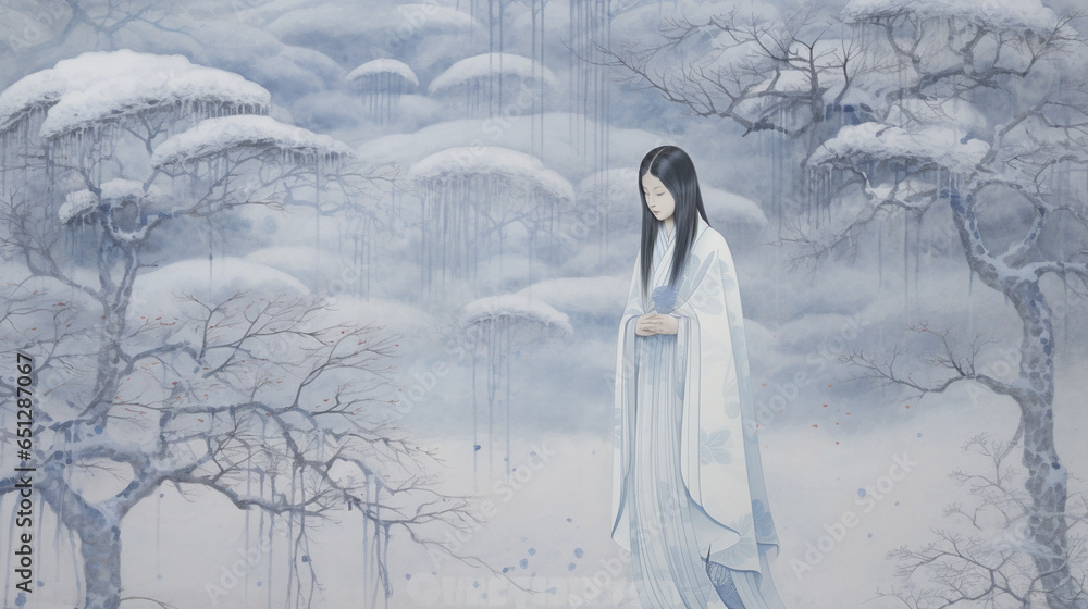 A serene and ethereal painting of a yuki-onna, a ghostly spirit from ...