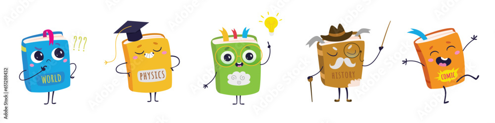 Cute smiling books cartoon characters with light bulb, academy hat ...