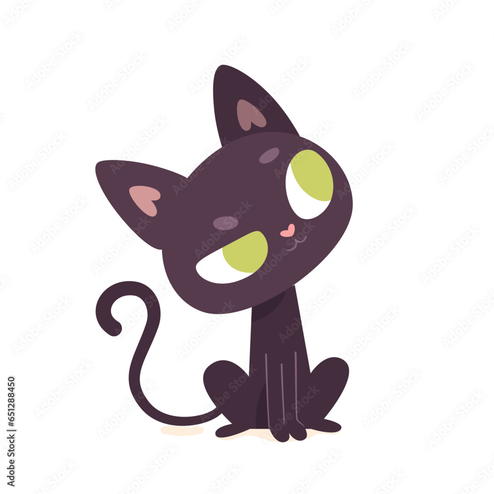 Cute black cat with green eyes sitting. Angry animal vector cartoon character isolated on white ...