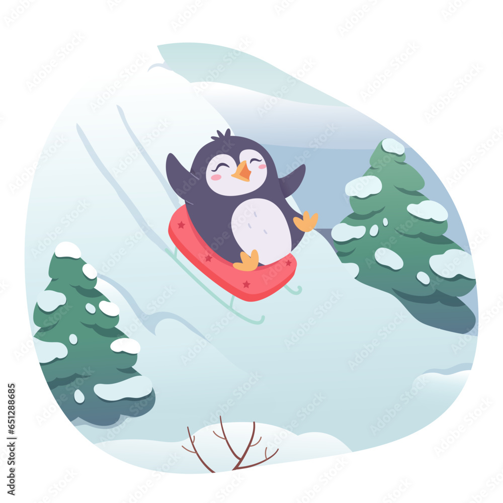 Vetor de Cute penguin sledding outdoor vector illustration. Cartoon ...
