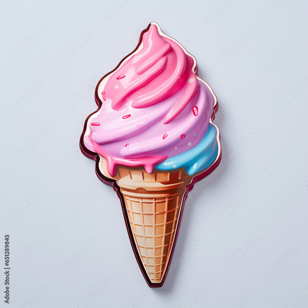 3D Ice cream Illustration, 3D embossed cute ice cream cone sticker, One ...