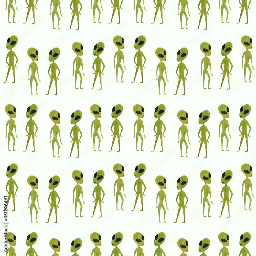 aliens, green men. Watercolor illustration in cartoon style. Seamless ...