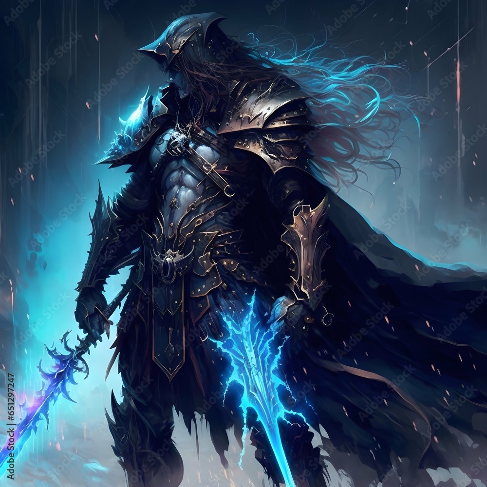 middle age powerful light armored knight long hair carrying two very ...
