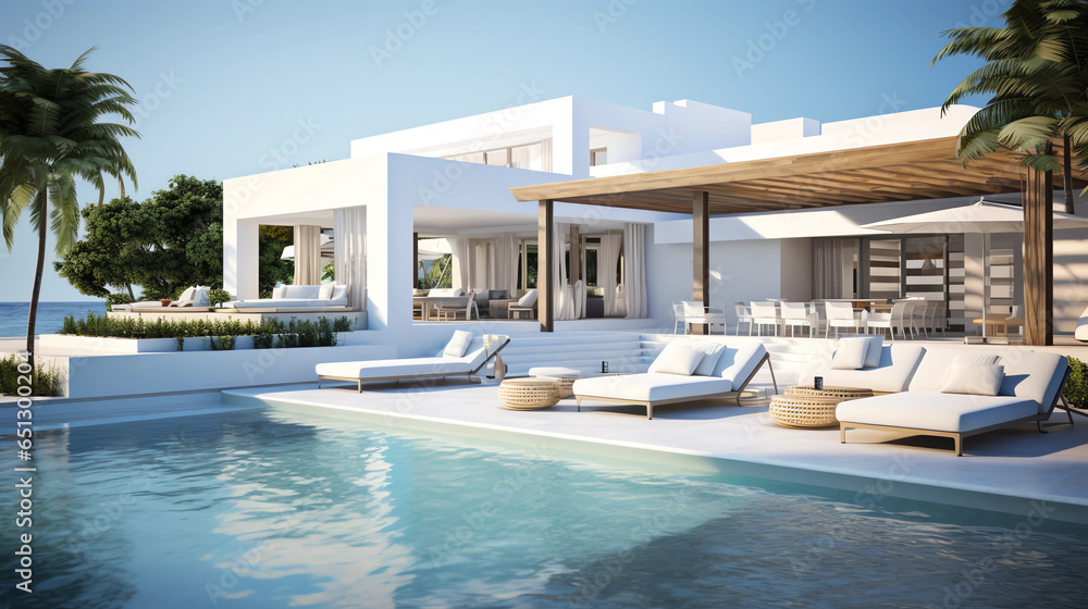 A luxurious, modern pool area with white architectural accents ...