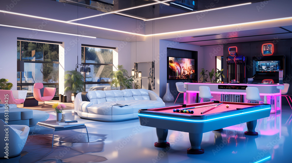 A sleek, modern game room in a clean white design, boasting a pool ...
