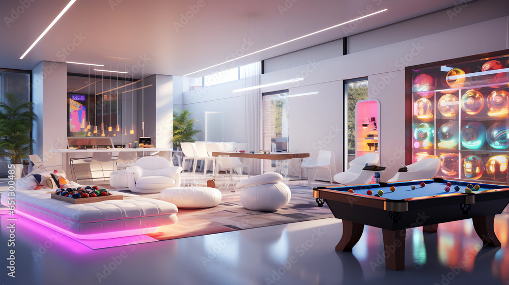 A sleek, modern game room in a clean white design, boasting a pool ...