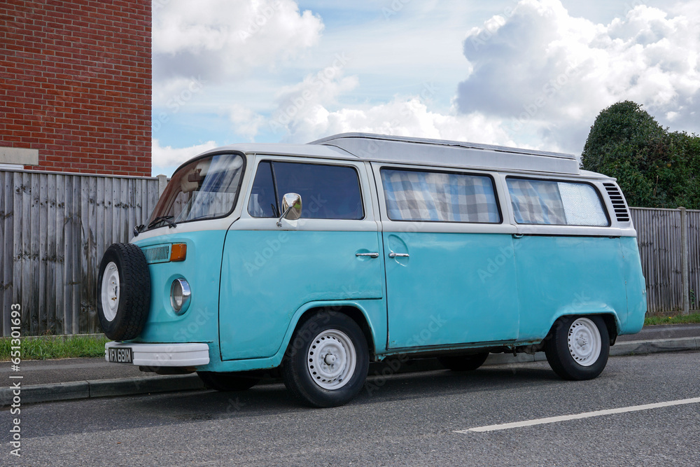Eling, England 22 September 2023 - A turquoise blue Volkswagen camper ...
