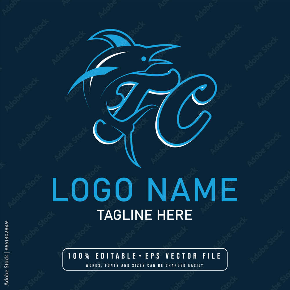 Editable shark with Tc letter logo design vector Tc letter shark logo ...