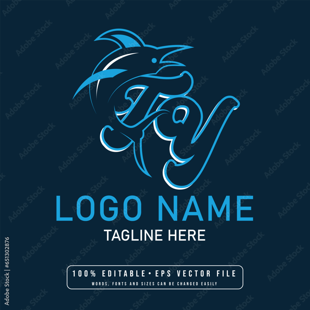 Editable shark with Ty letter logo design vector Ty letter shark logo ...