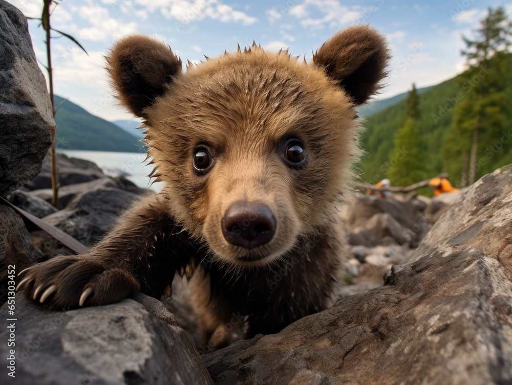 Close-up portrait of a bear cub in a clearing in the forest. Detailed ...