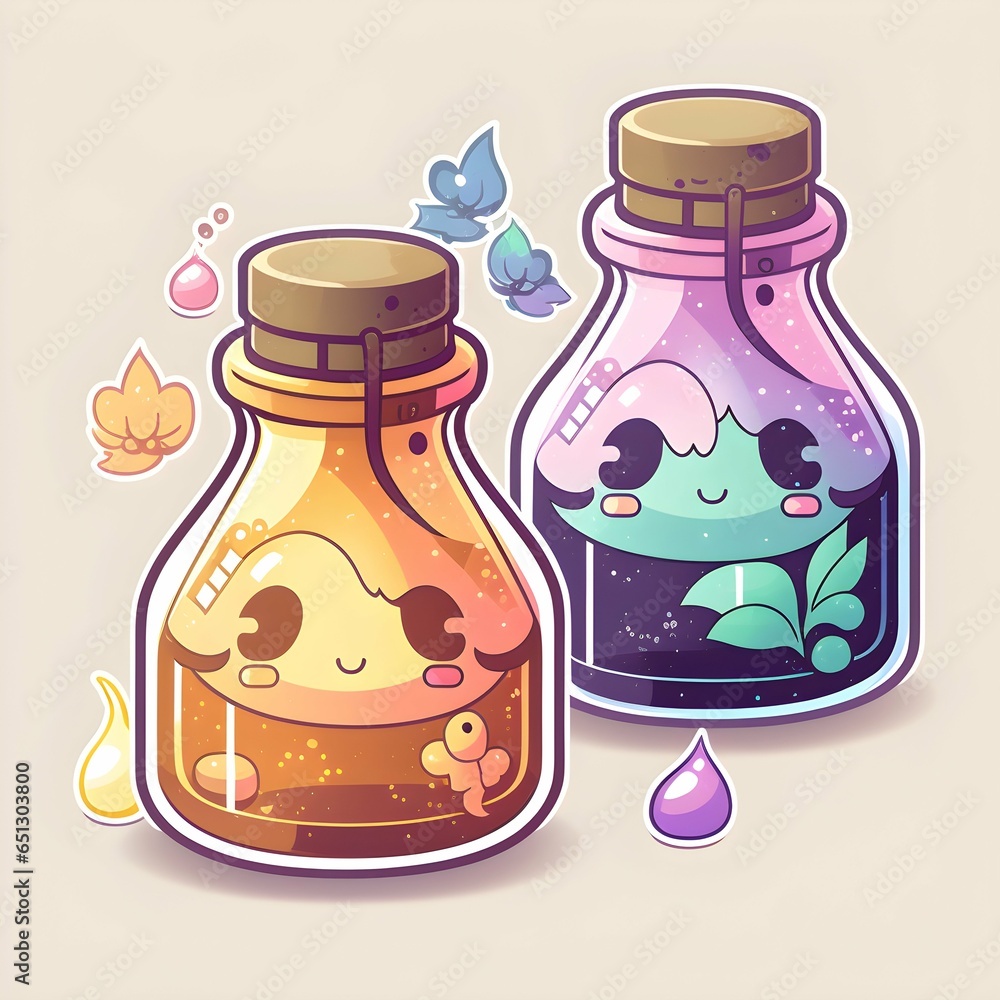 magic potion bottles cute illustration cartoon kawaii flat shading ...