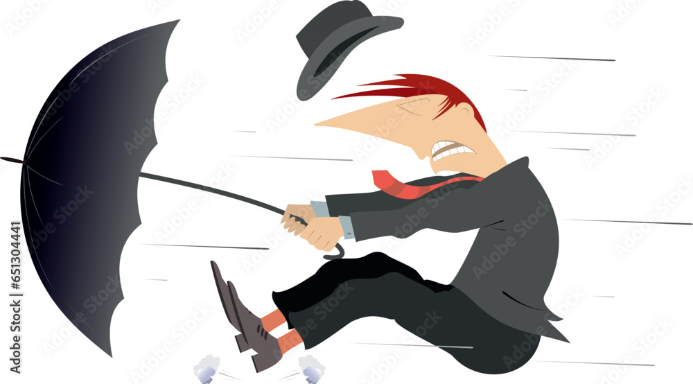 Man, umbrella and windy and rainy day. Man with umbrella staying on the ...