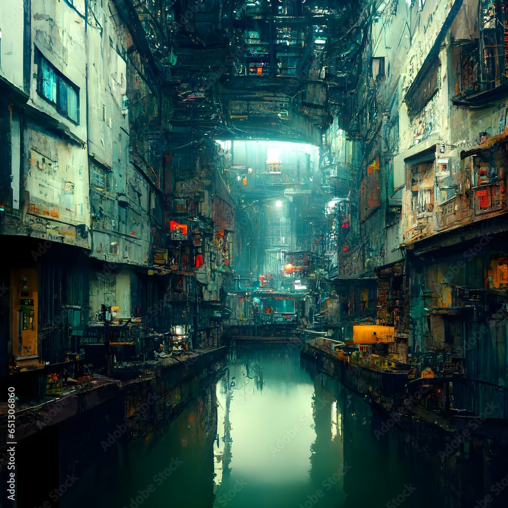 Cyberpunk back alley next to river intimate framing assorted junk ...