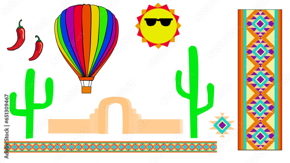 symbols of the American Southwest, including cactus, hot air balloon ...
