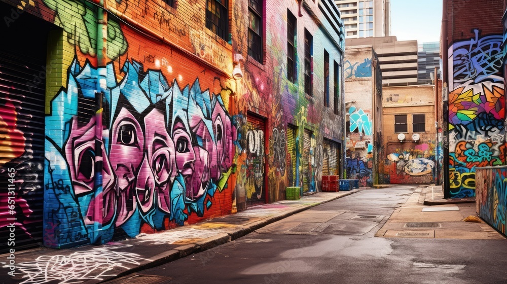 Colorful street art mural on an urban wall, blending graffiti, stencil ...