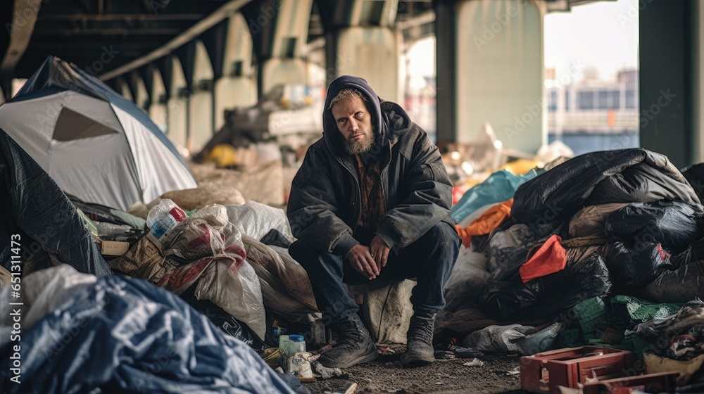 Homeless individual huddled under a bridge, surrounded by discarded ...
