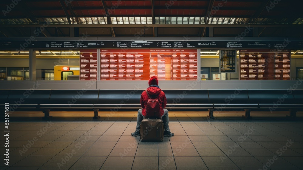 Solitary traveler on an empty train platform gazes at a departure board ...