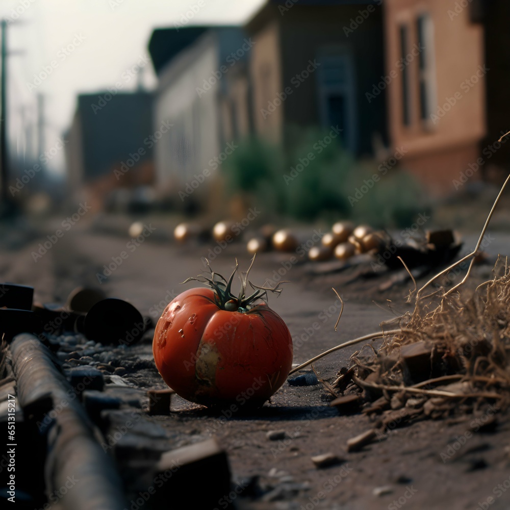 Tomatoes in a run down neighborhood 80s film screenshot realistic ...