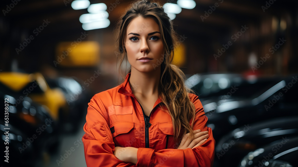 Female car mechanic confident with crossed arms wearing orange overalls ...
