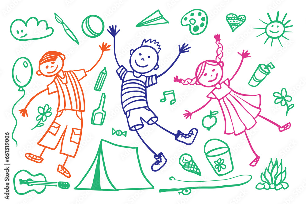 Сhildren with symbols of summer holydays. Summer kids camp activities ...