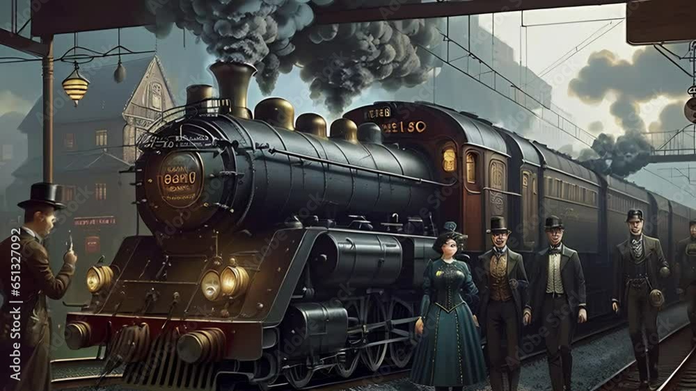 Steampunk cityscape with train on railway station. Victorian era city ...