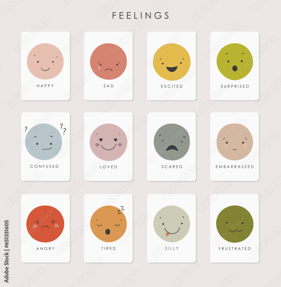 Feelings Cards, Educational Cards, Kids materials, Kindergarten vector ...