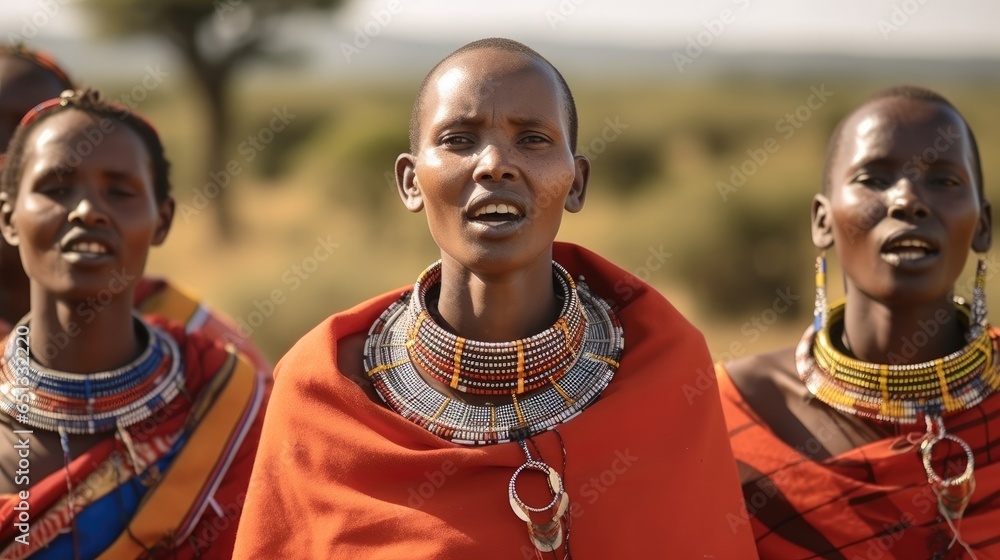 Women of the Maasai tribe singing in their village, Portrait of ...