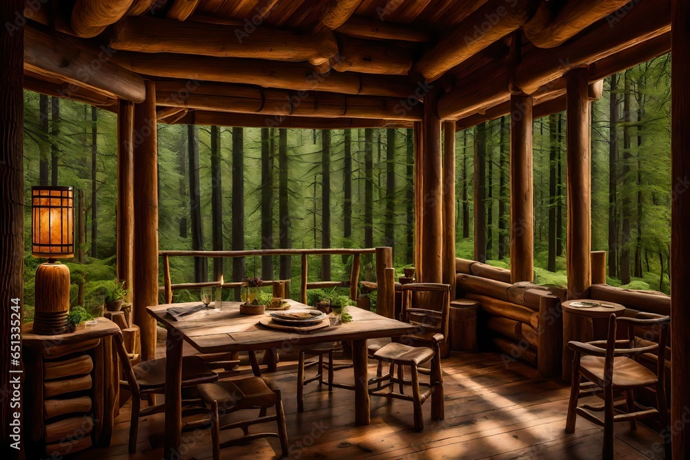 wooden restaurant, Through the window of a cozy cabin nestled deep in ...