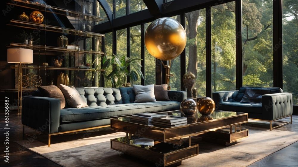 Hollywood glam style interior design of a modern living room with black ...