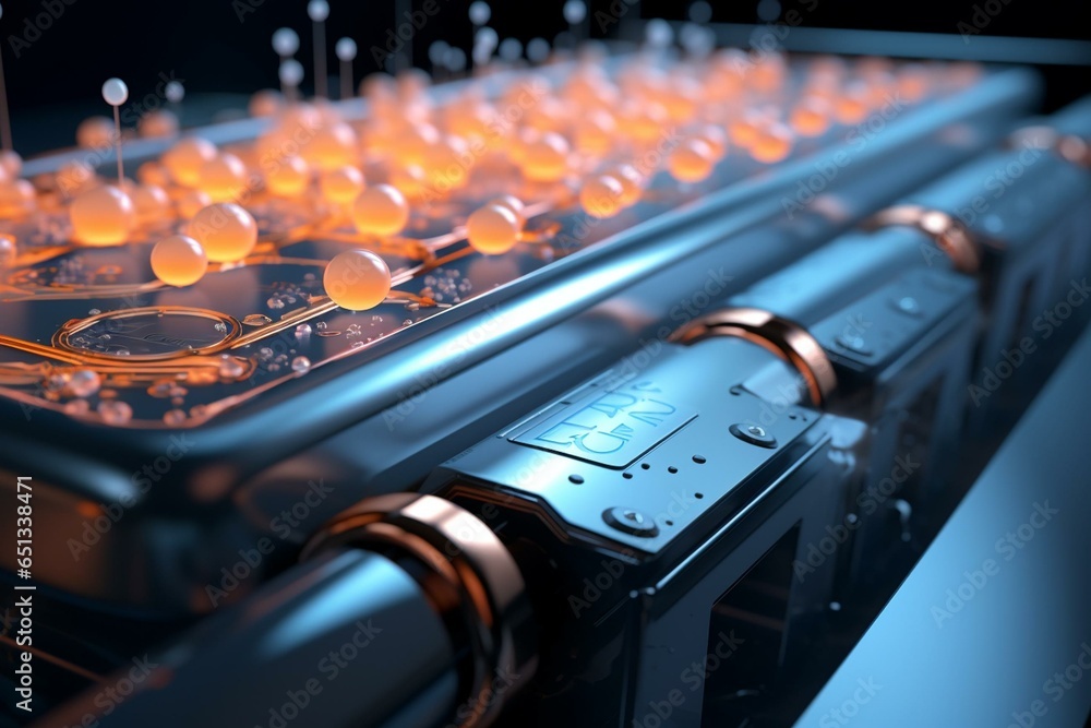 3D render illustrating lithium ion battery operation. Ions move between ...