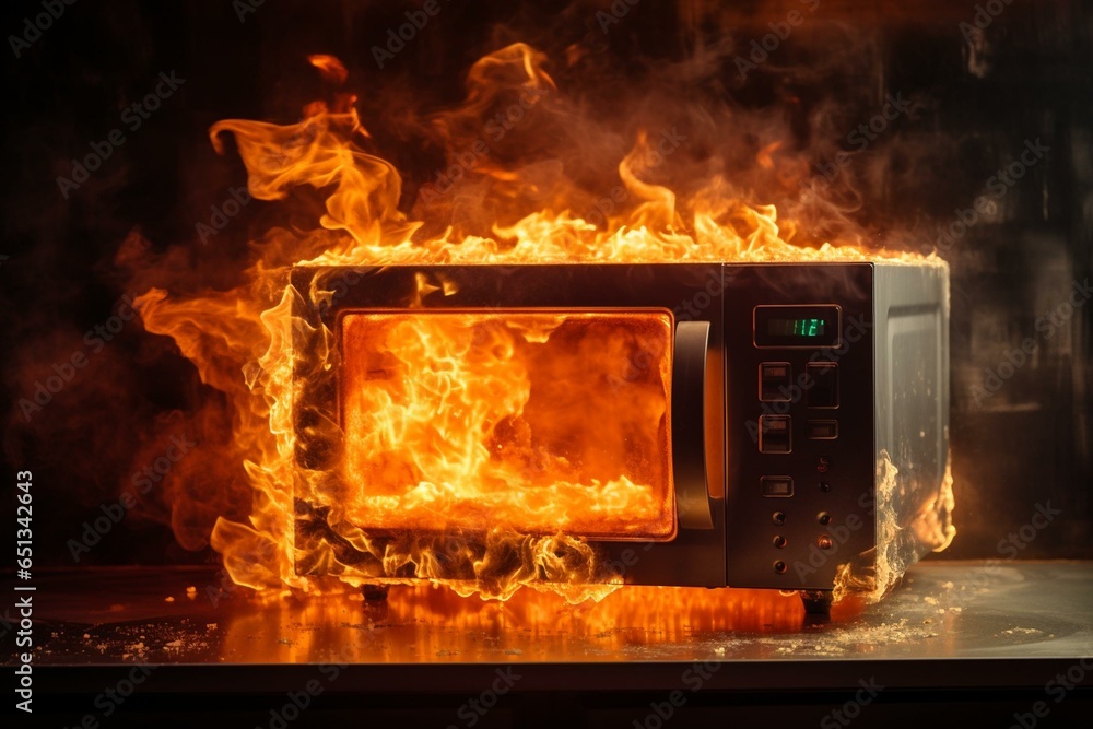 A flaming microwave represents kitchen fire hazards and electrical ...