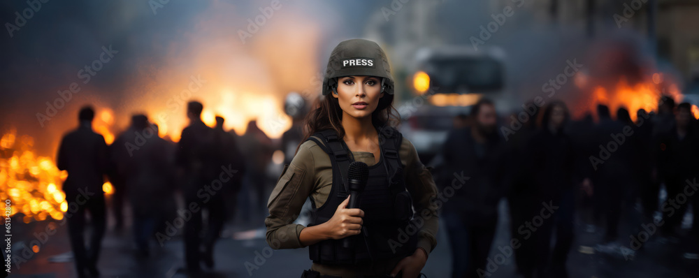breaking news female woman reporter covering live event for news media ...