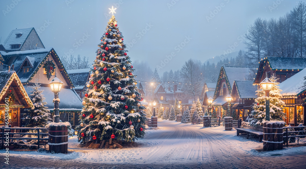 Photo & Art Print Christmas village, snowy santa village with a big ...