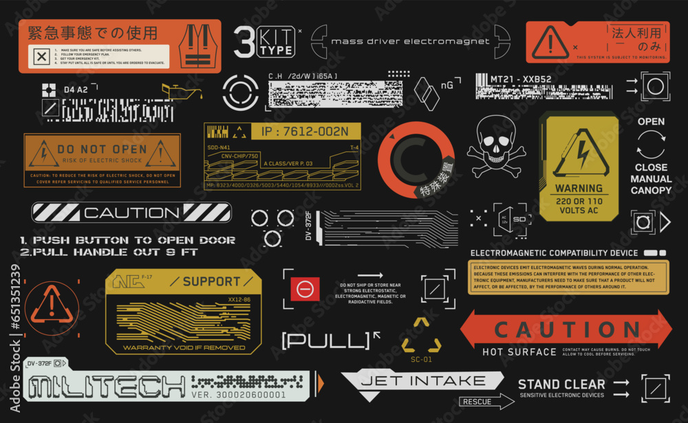 Cyberpunk decals set. Set of vector stickers and labels in futuristic ...