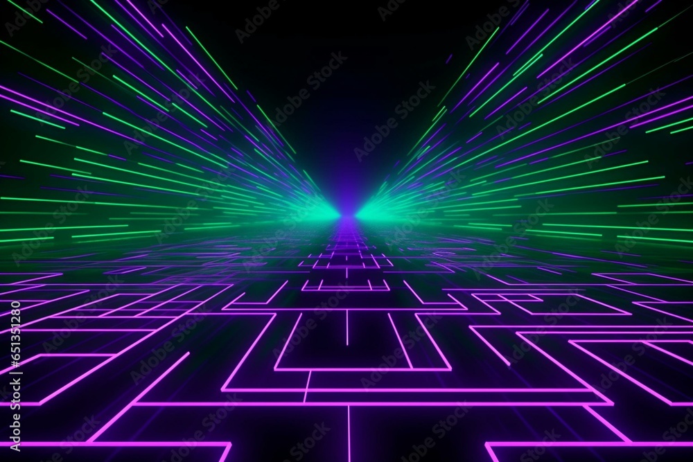 Vivid animated background with green pixel glow, purple geometric lines ...