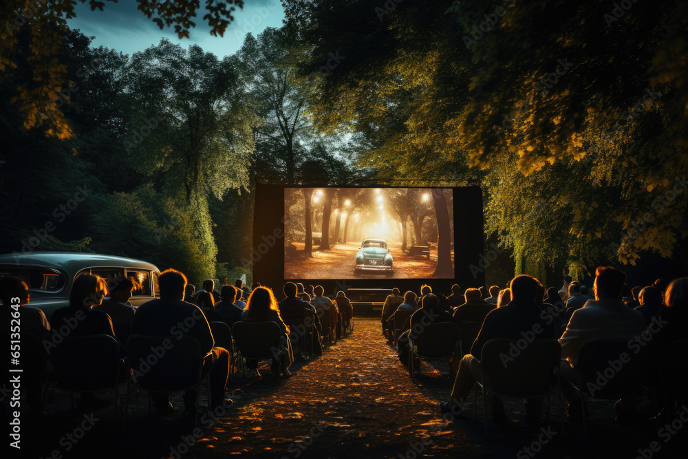 An outdoor cinema screening with viewers in cars, representing ...